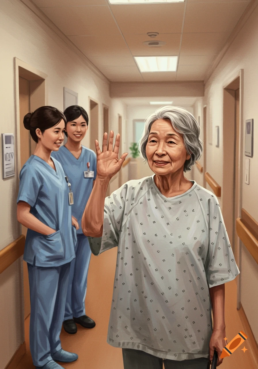 An elderly patient in a hospital gown waves goodbye to two nurses in a ...