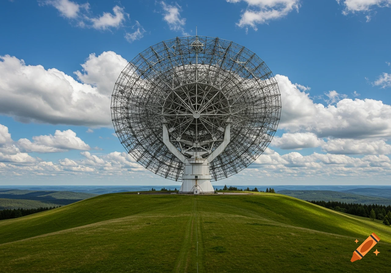 A large radio telescope dish sits atop a grassy hill under a blue sky ...