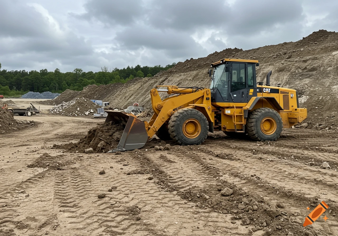 A yellow front-end loader scoops dirt at a construction site with piles ...