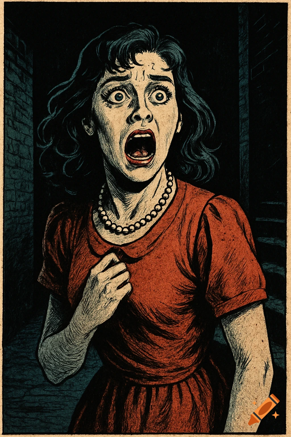 Illustration of a terrified woman in a red dress in a dark alley, in a ...