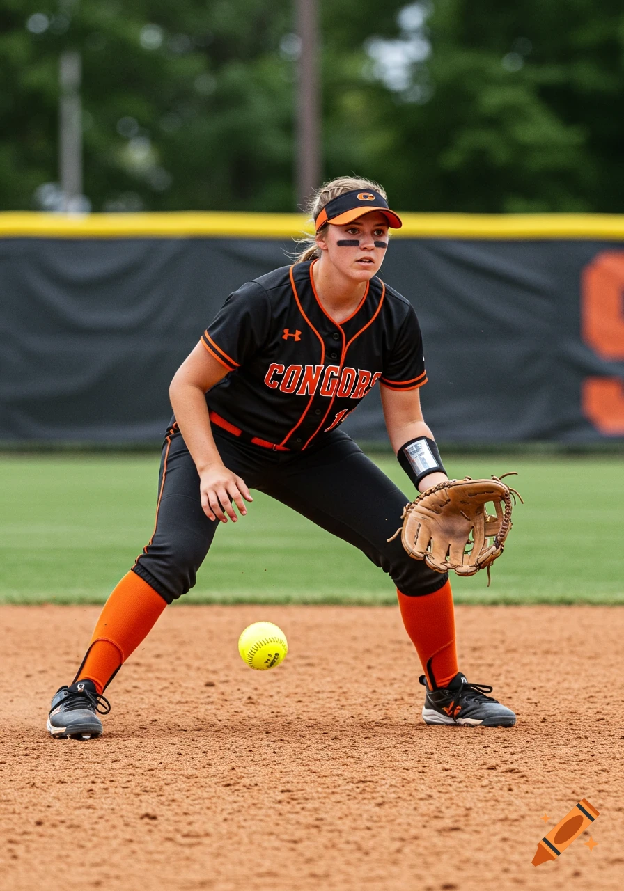 A female softball player in a black and orange uniform fields a ball on ...