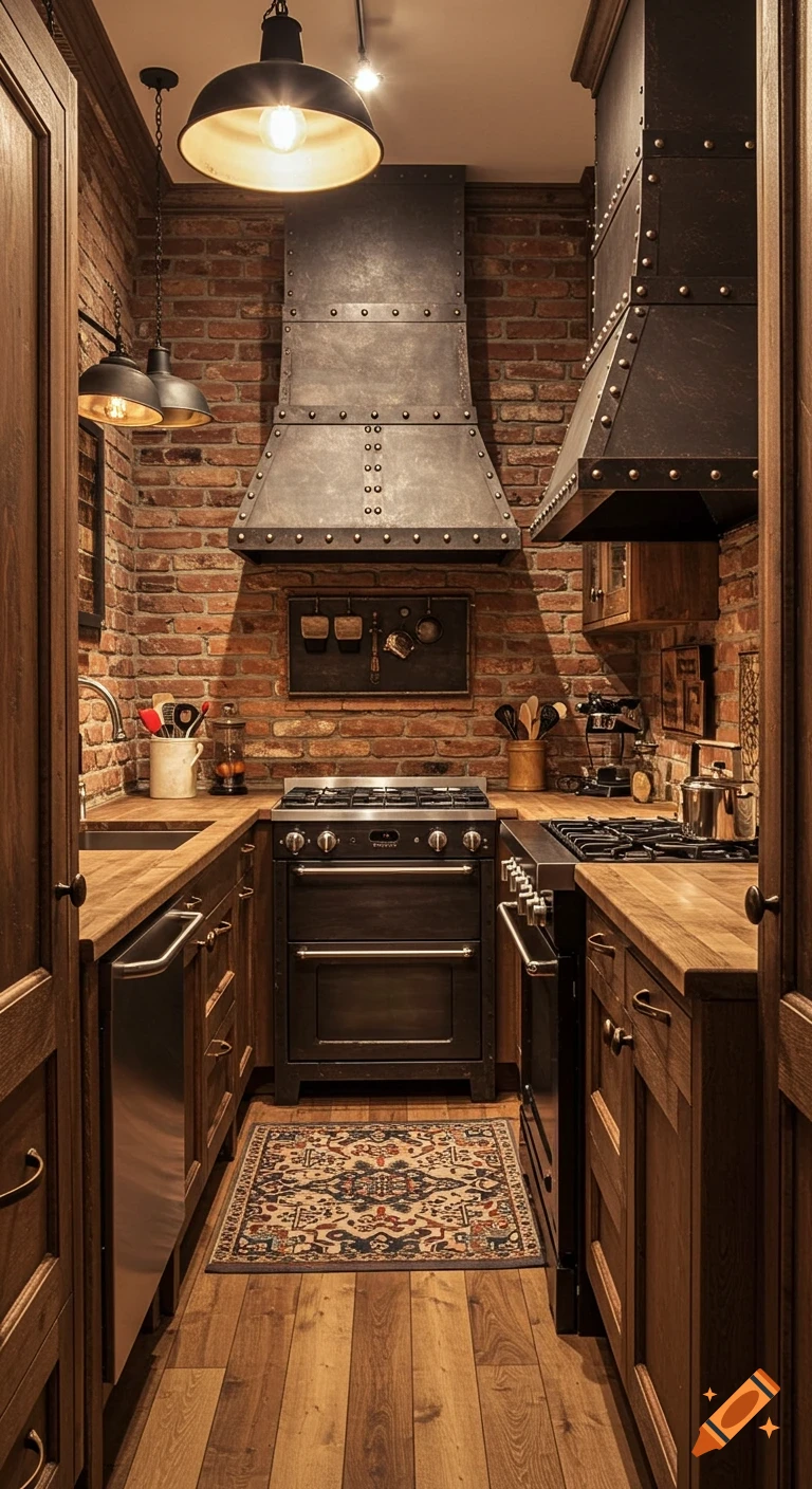 Narrow rustic industrial kitchen with brick walls, wood counters, and ...