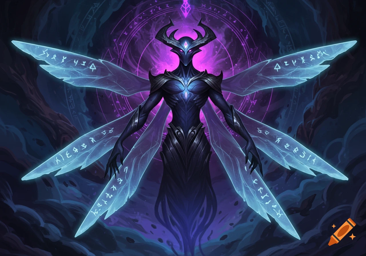A dark fantasy creature with glowing, rune-covered wings stands before ...