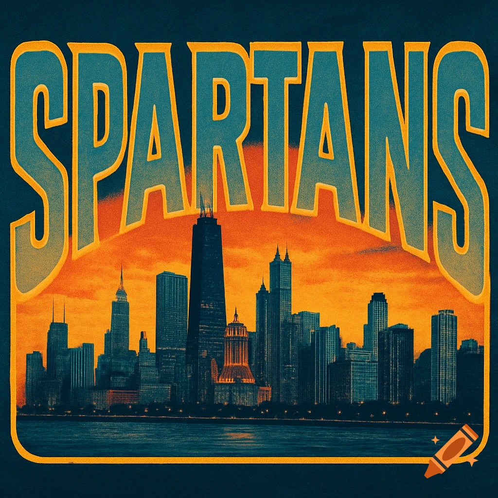 The word SPARTANS stylized over a Chicago skyline at sunset on Craiyon