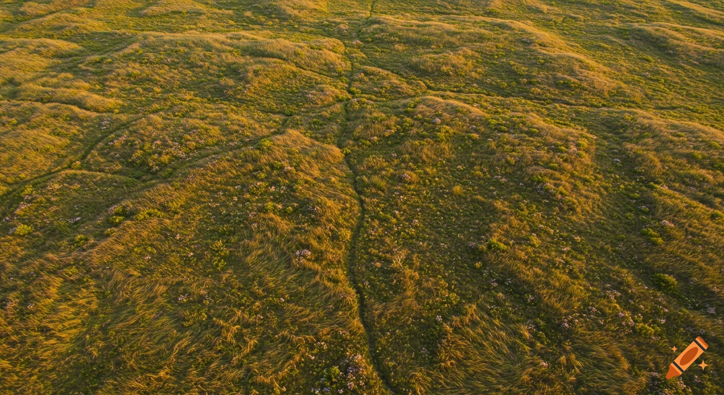 Drone view of a grassy prairie landscape with subtle paths. on Craiyon