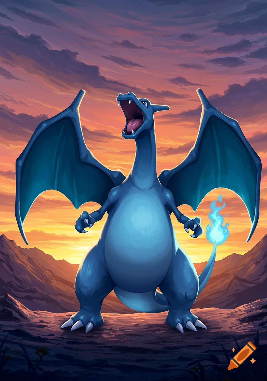 A blue Charizard pokemon stands with wings spread against a dramatic ...