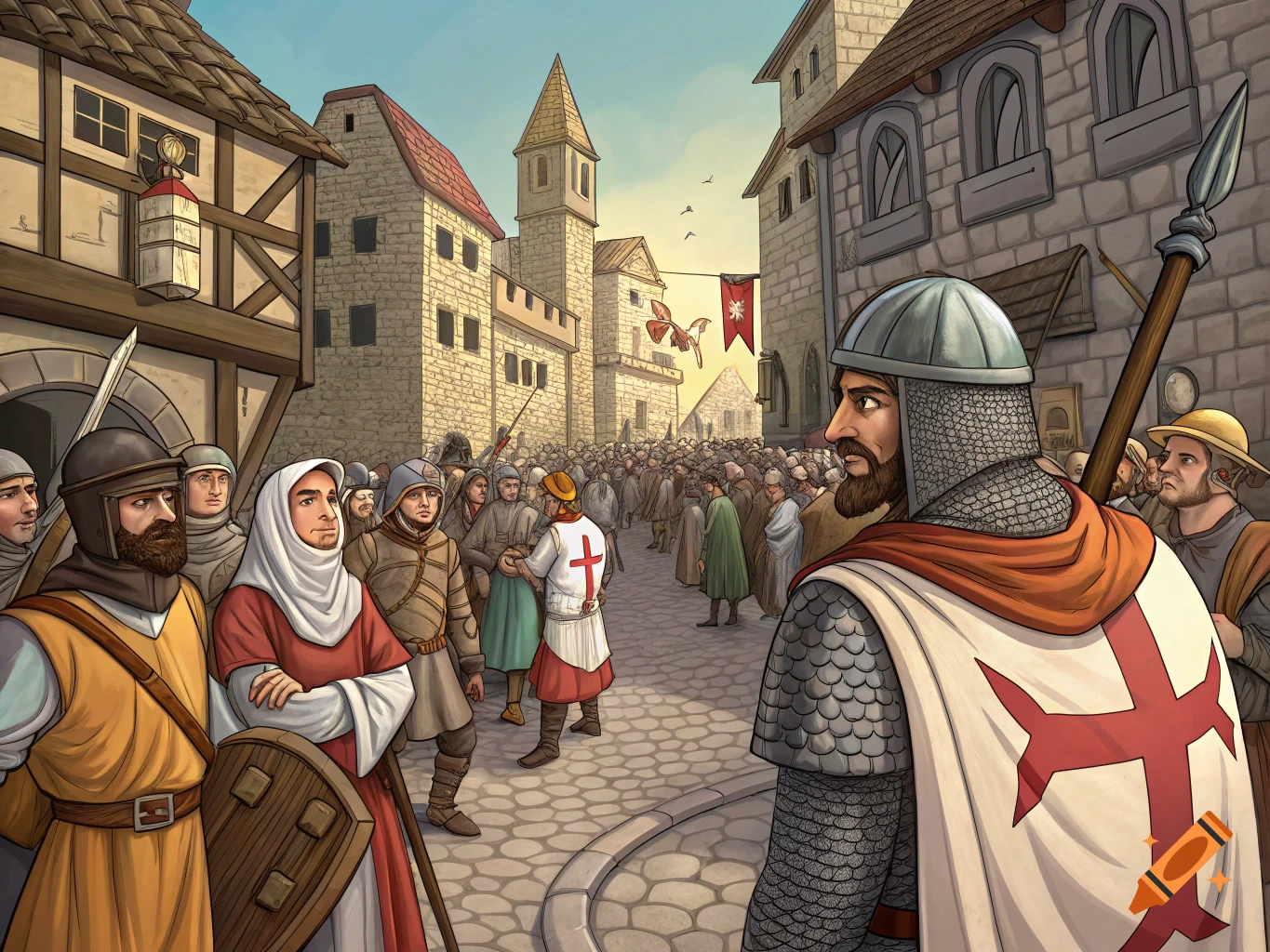 Cartoon illustration of a crowd in a medieval town with armored figures ...
