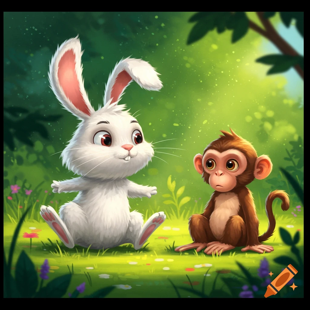 Cartoon rabbit and monkey sit together in a sunny forest clearing. on ...