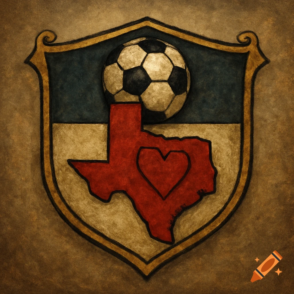 A crest with a soccer ball above the shape of Texas containing a heart ...