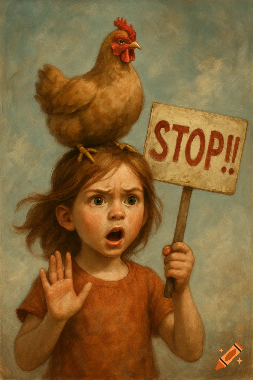 A painting of a scared girl with a chicken on her head holding a sign ...