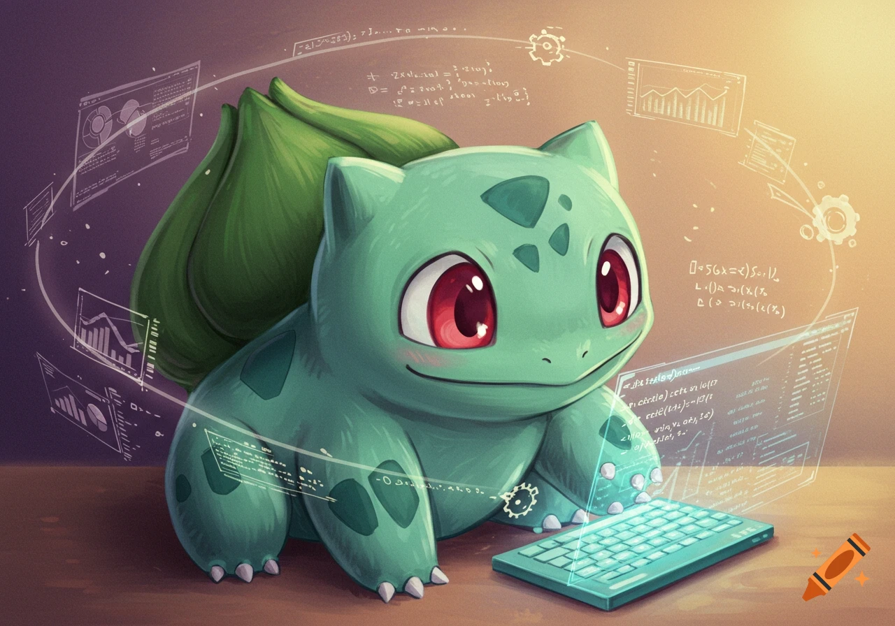 Cute illustration of Bulbasaur working on a computer with holographic ...