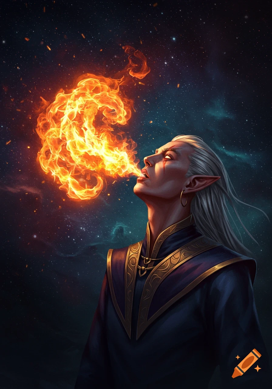 Elf-like figure breathing fire into a starry night sky, illustration ...