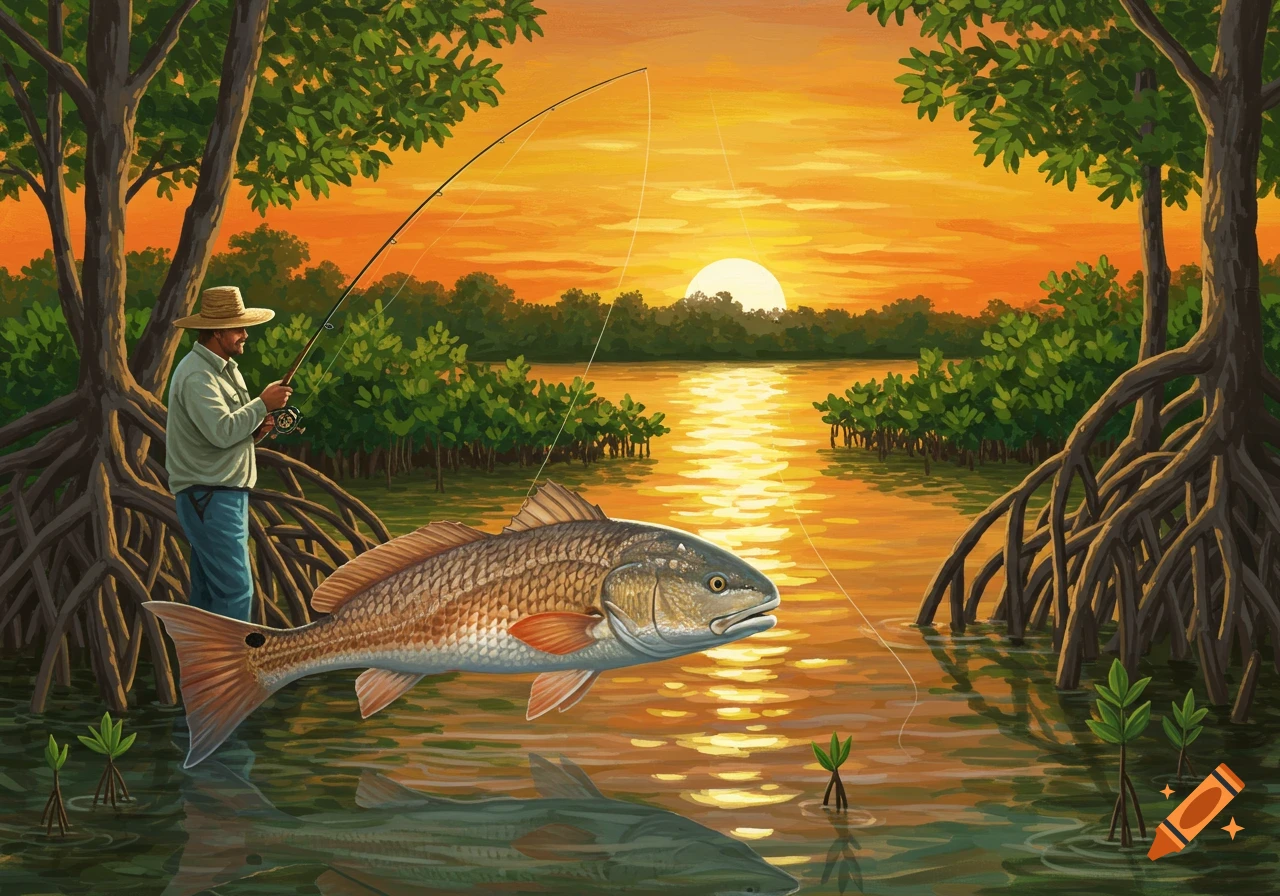 Man fishing for a large fish in a mangrove swamp at sunset, painted ...