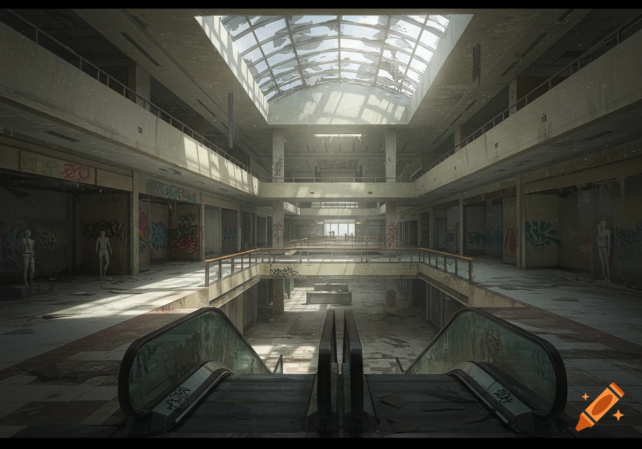 An abandoned mall interior with a broken skylight, escalators, and ...