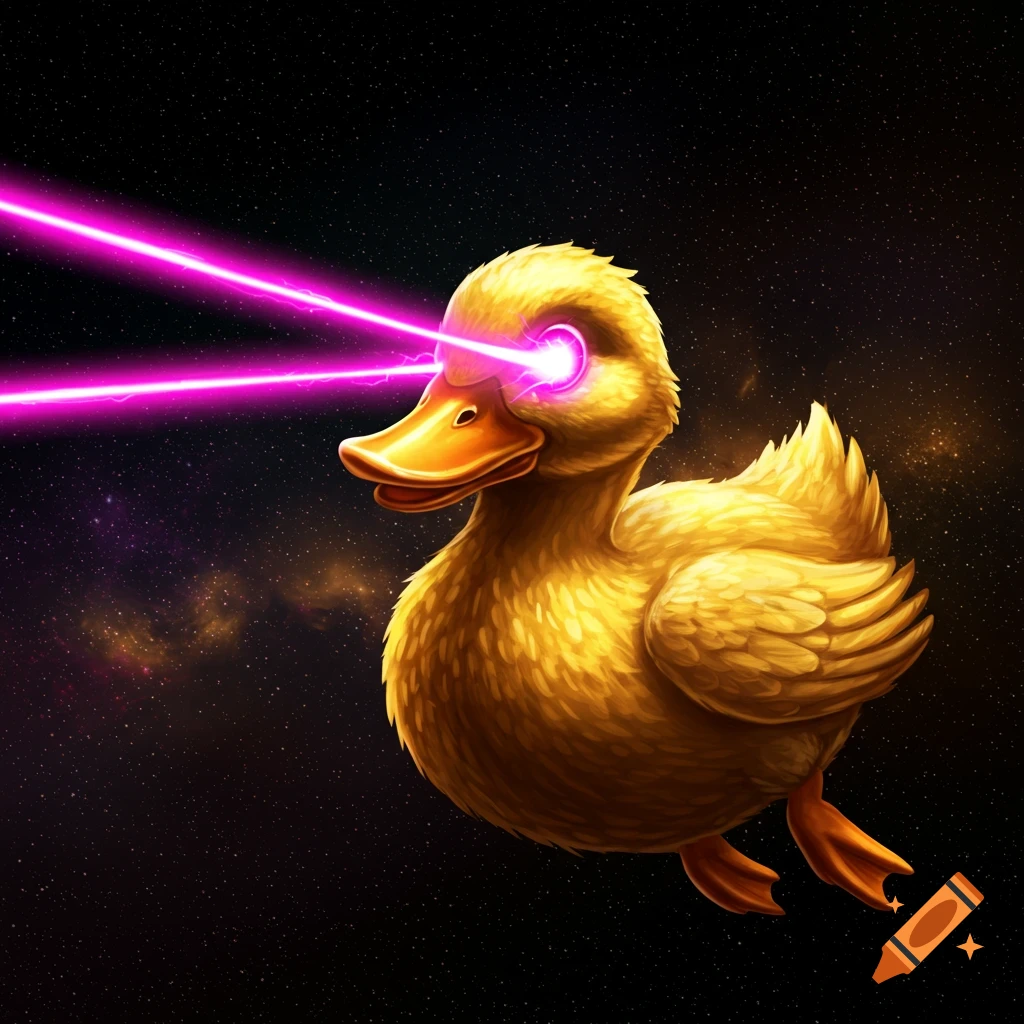 A gold duck shooting pink lasers from its eyes in space. on Craiyon