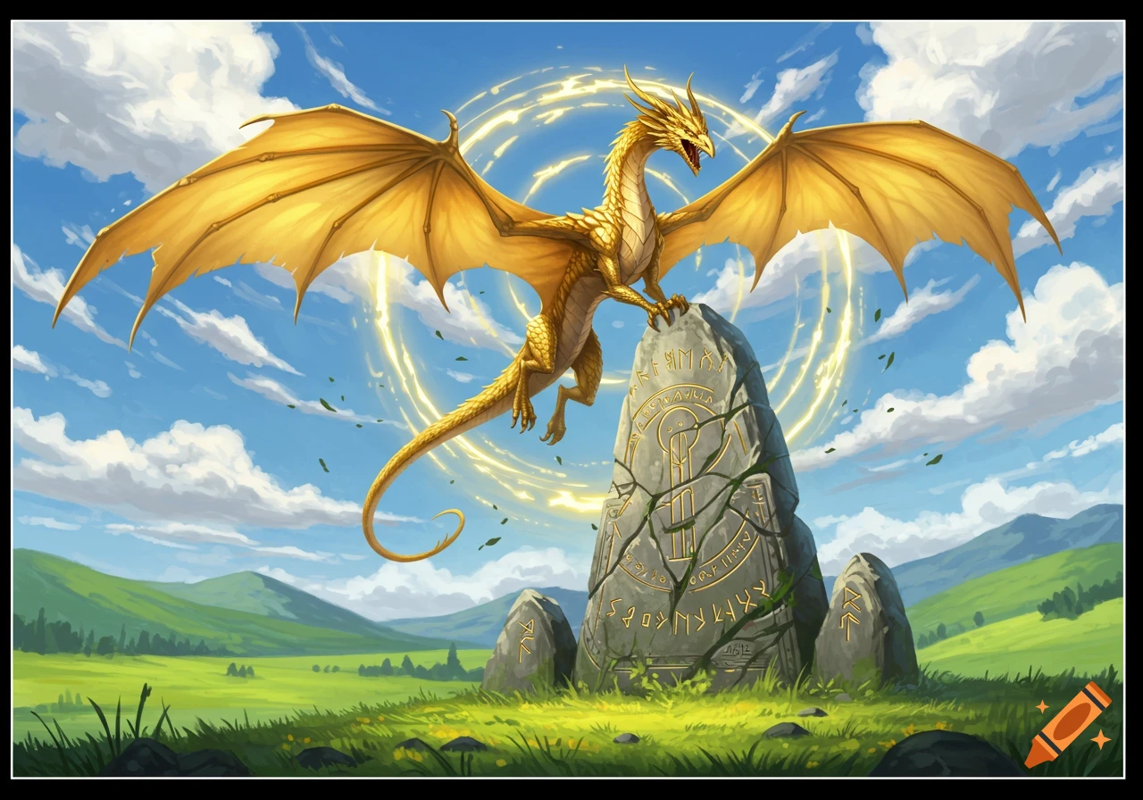 A golden dragon stands on a large runestone in a grassy field under a ...