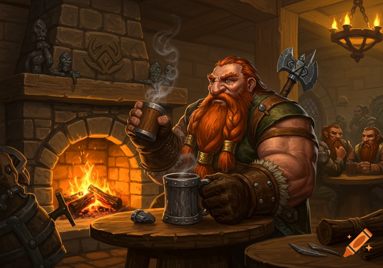 Muscular dwarf with red beard holding a mug by a fireplace in a fantasy ...