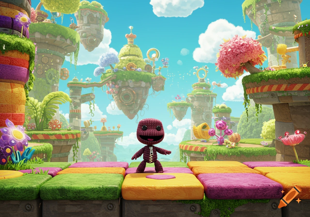 A knitted character resembling Sackboy stands on colorful blocks in a ...