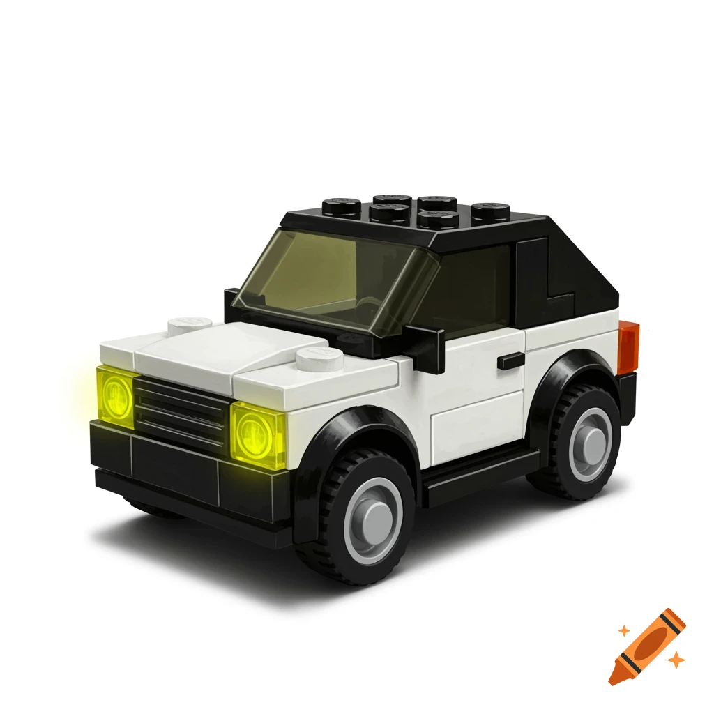 A small black and white LEGO car with bright yellow headlights. on Craiyon