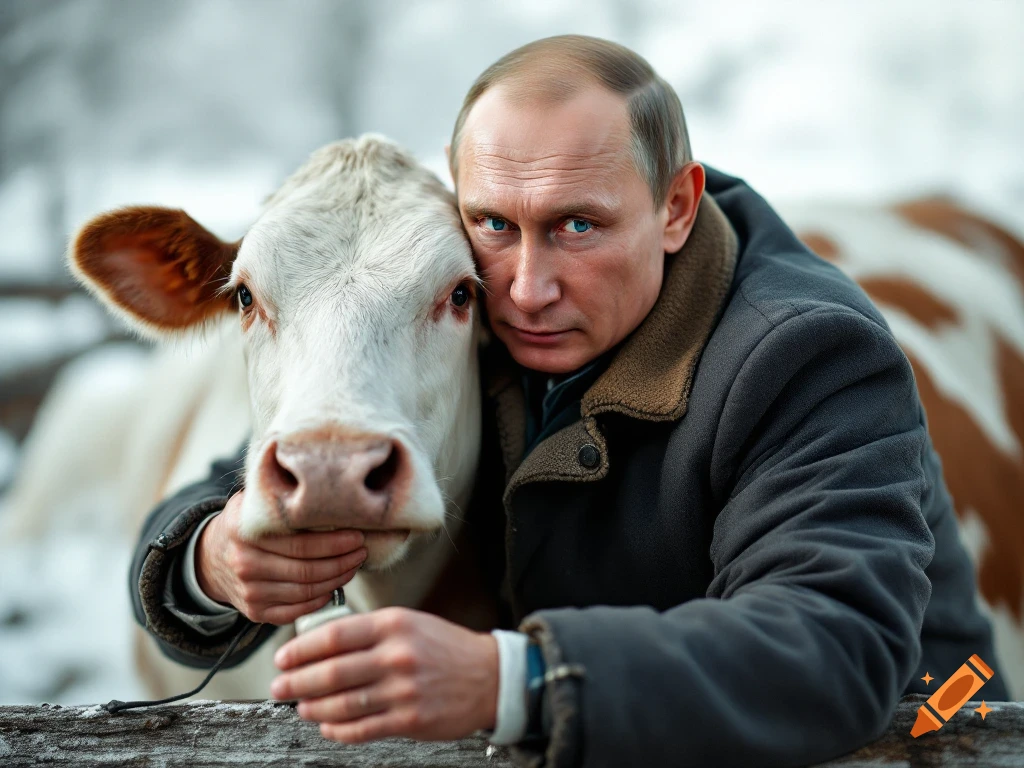 Vladimir Putin poses with a cow in a winter setting, looking seriously ...