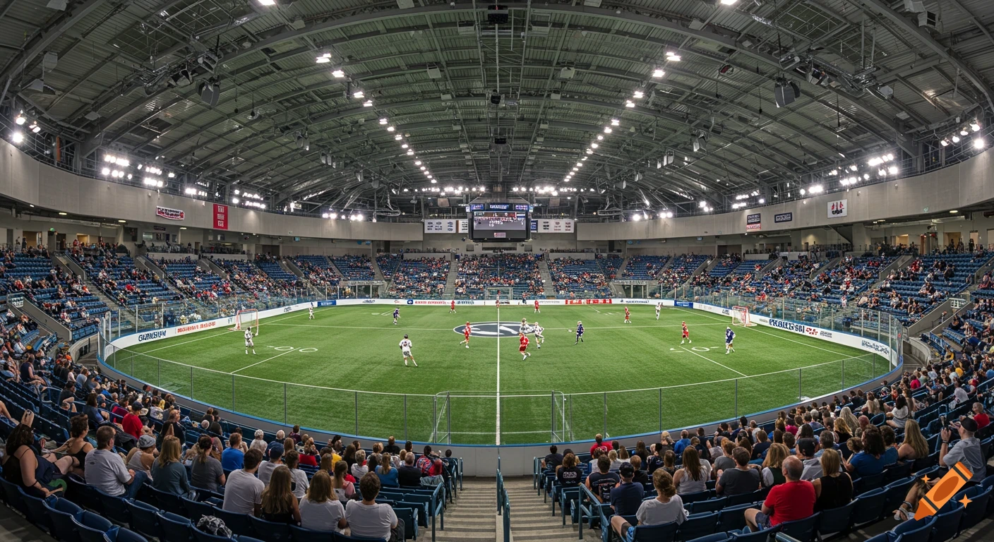 Wide view of an indoor arena with a lacrosse game underway, players on ...