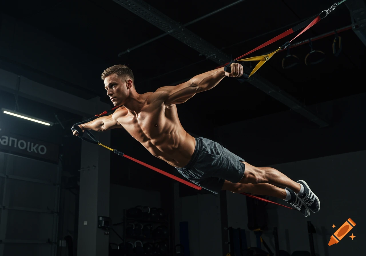 Muscular man performs resistance band exercise in a gym, suspended and appearing to defy gravity ...
