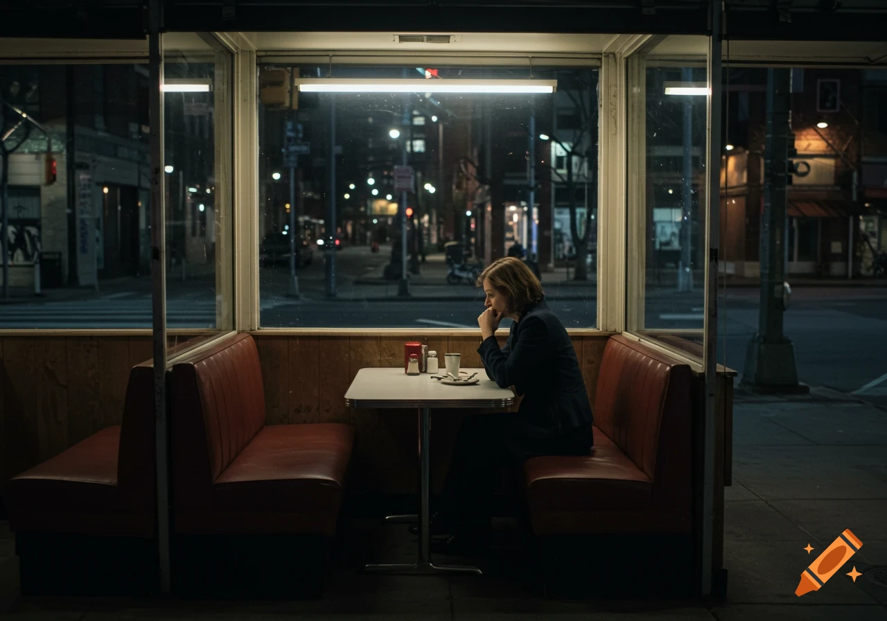 A woman sits alone at a table in a dimly lit diner booth at night ...
