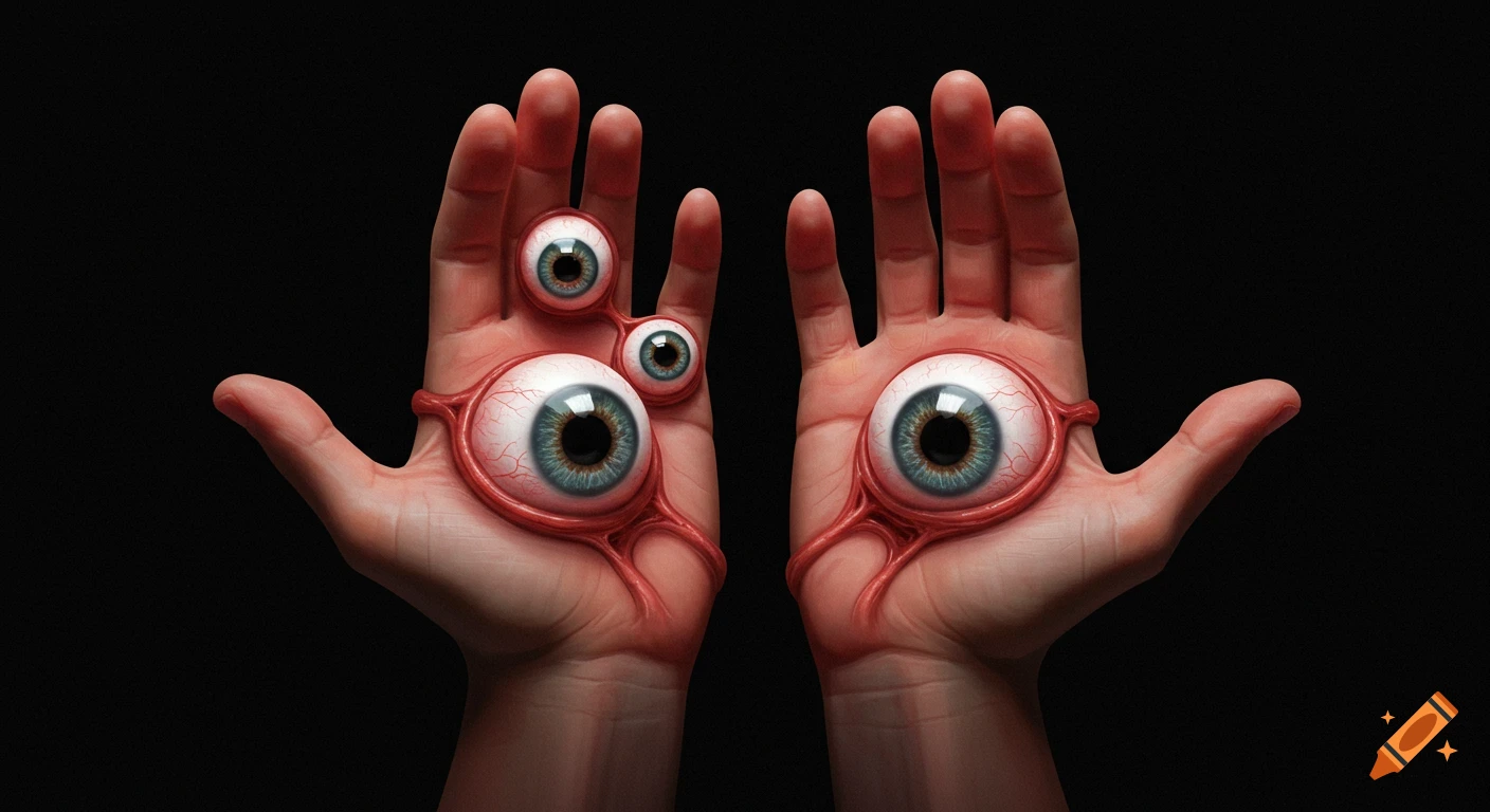 Close-up of two hands facing up, with multiple realistic eyeballs ...