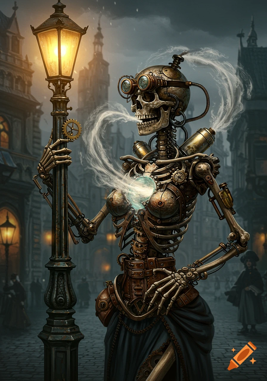 Steampunk skeleton with goggles standing by a glowing lamp post on a ...