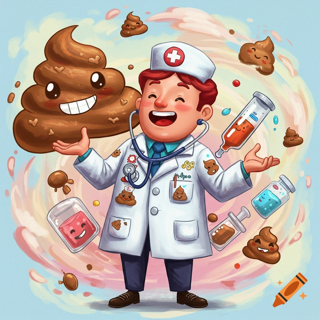 Cartoon doctor with stethoscope surrounded by smiling cartoon poop ...