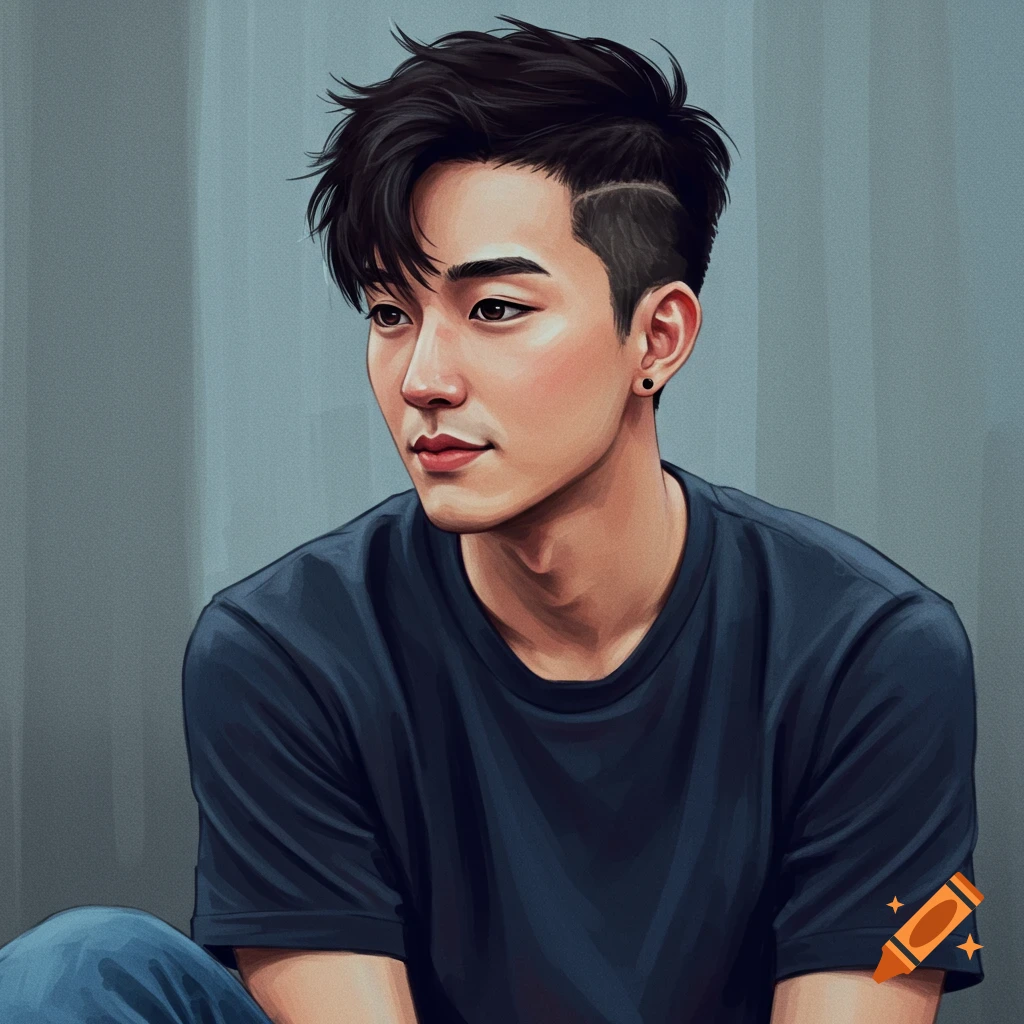 Stylized portrait of a young man with dark hair and an undercut looking ...