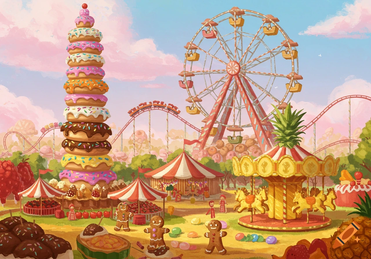 A whimsical illustration of an amusement park made of food, featuring a ...