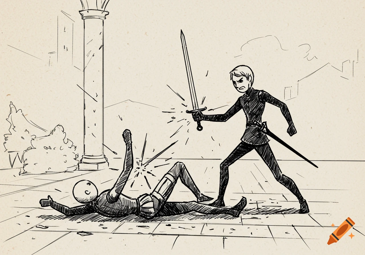 A sketch drawing of two figures engaged in a sword fight, with one ...