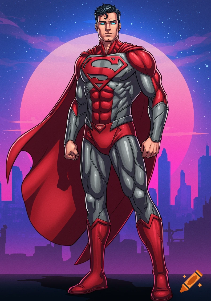 Cartoon drawing of a superhero in red and gray costume standing before ...