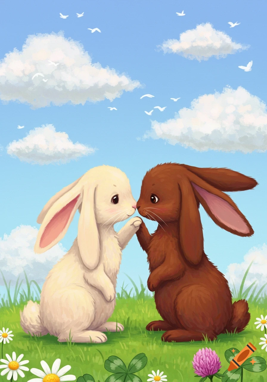 Two cute rabbits touch noses in a field with flowers and clouds in a digital painting style. on ...