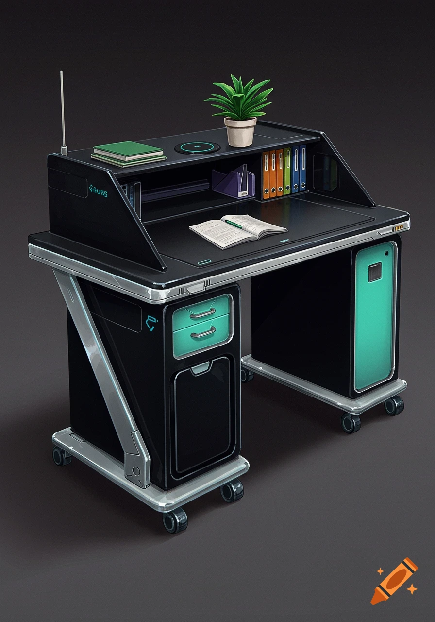 A futuristic black desk with blue accents, drawers, wheels, and a plant ...