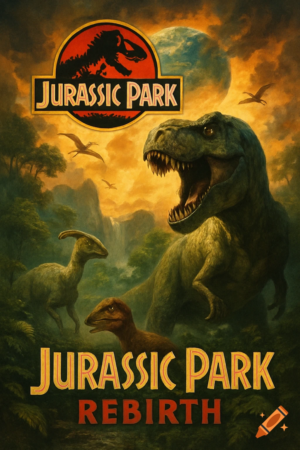 A dramatic painted movie poster for Jurassic Park Rebirth featuring a T ...