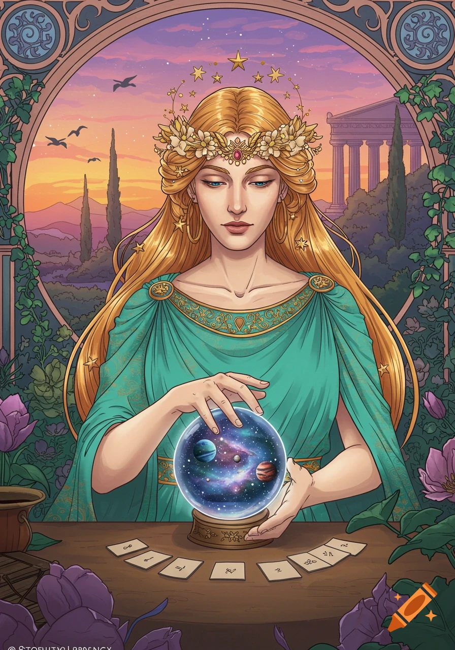 Illustrated woman fortune teller holding a crystal ball with planets ...