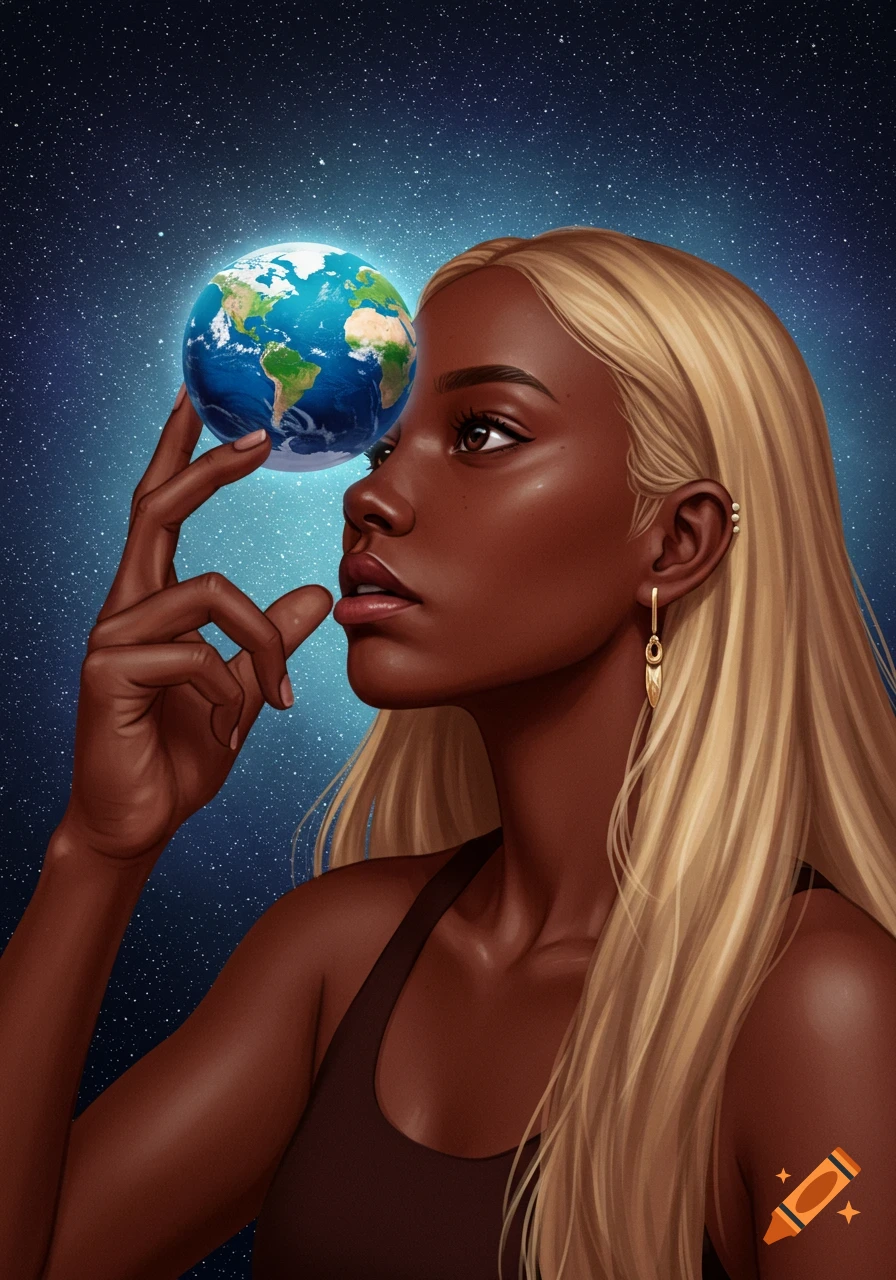 A young woman with dark skin and blonde hair pinches the Earth between her fingers in space. on ...