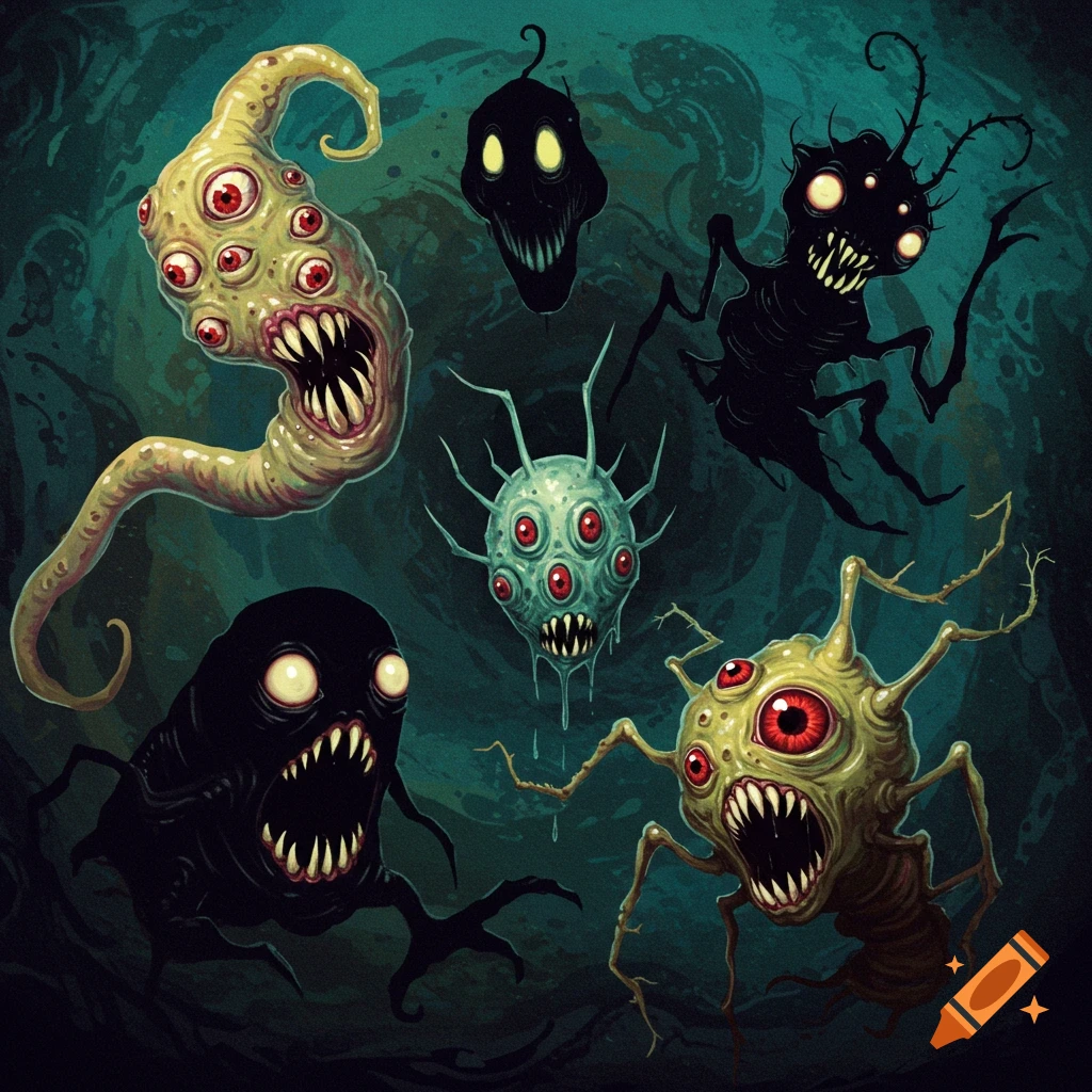 Illustration of several creepy monsters with multiple eyes and sharp ...