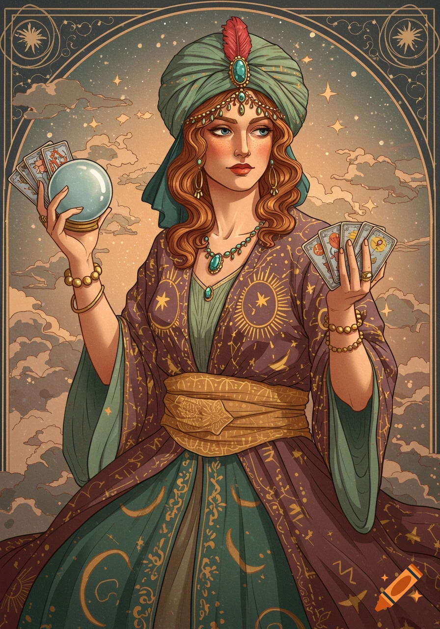 Illustration of a woman in a turban and robe, holding a crystal ball ...