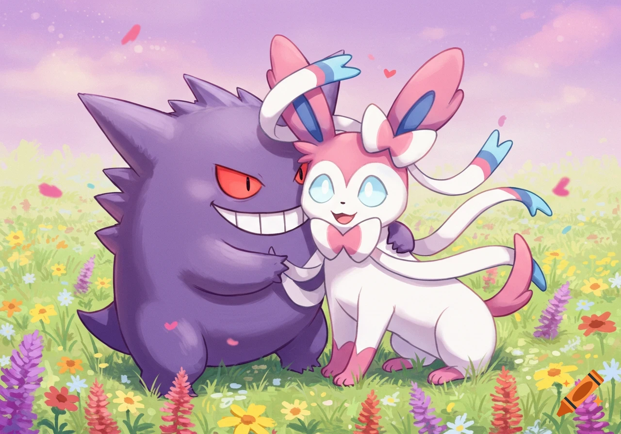 Gengar and Sylveon hugging in a field of flowers. on Craiyon