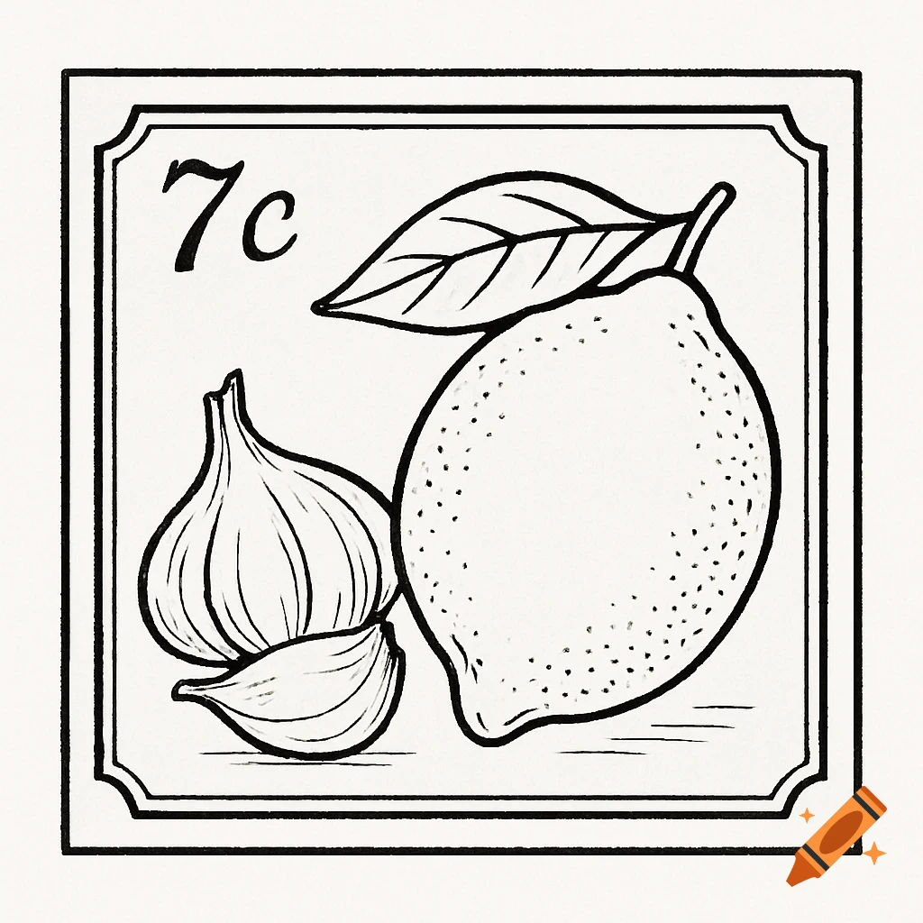 Line drawing of a stamp with a lemon, garlic, and '7c'. on Craiyon