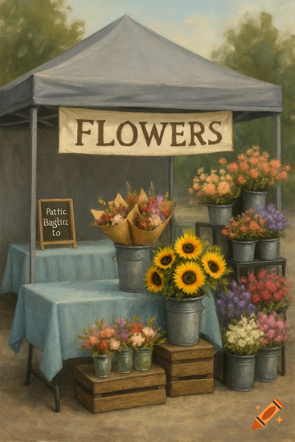 A painted flower stall under a grey tent displaying buckets of colorful ...