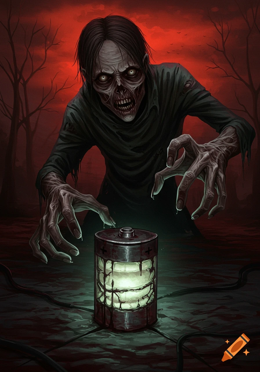 Illustration of a creepy zombie reaching for a glowing, blood-splattered battery in a dark ...
