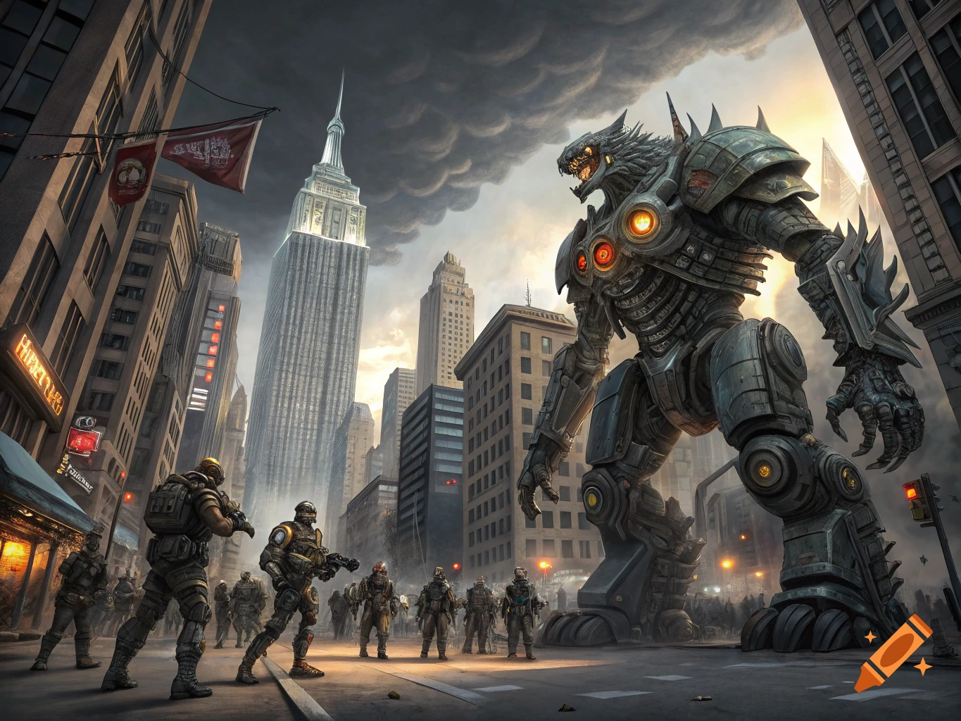 Giant robot battles soldiers in city street below Empire State Building ...