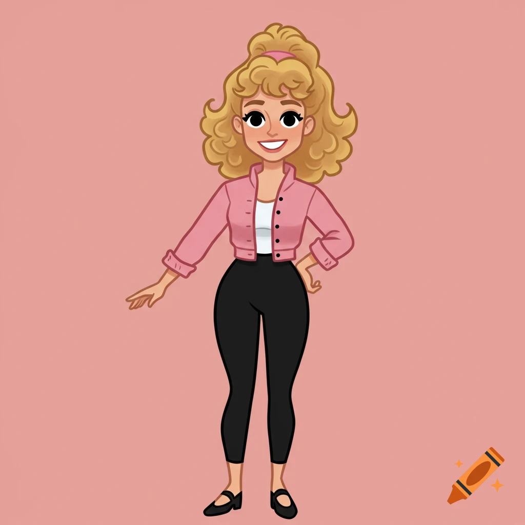 Cartoon character of Sandy from Grease in a pink jacket and black pants ...