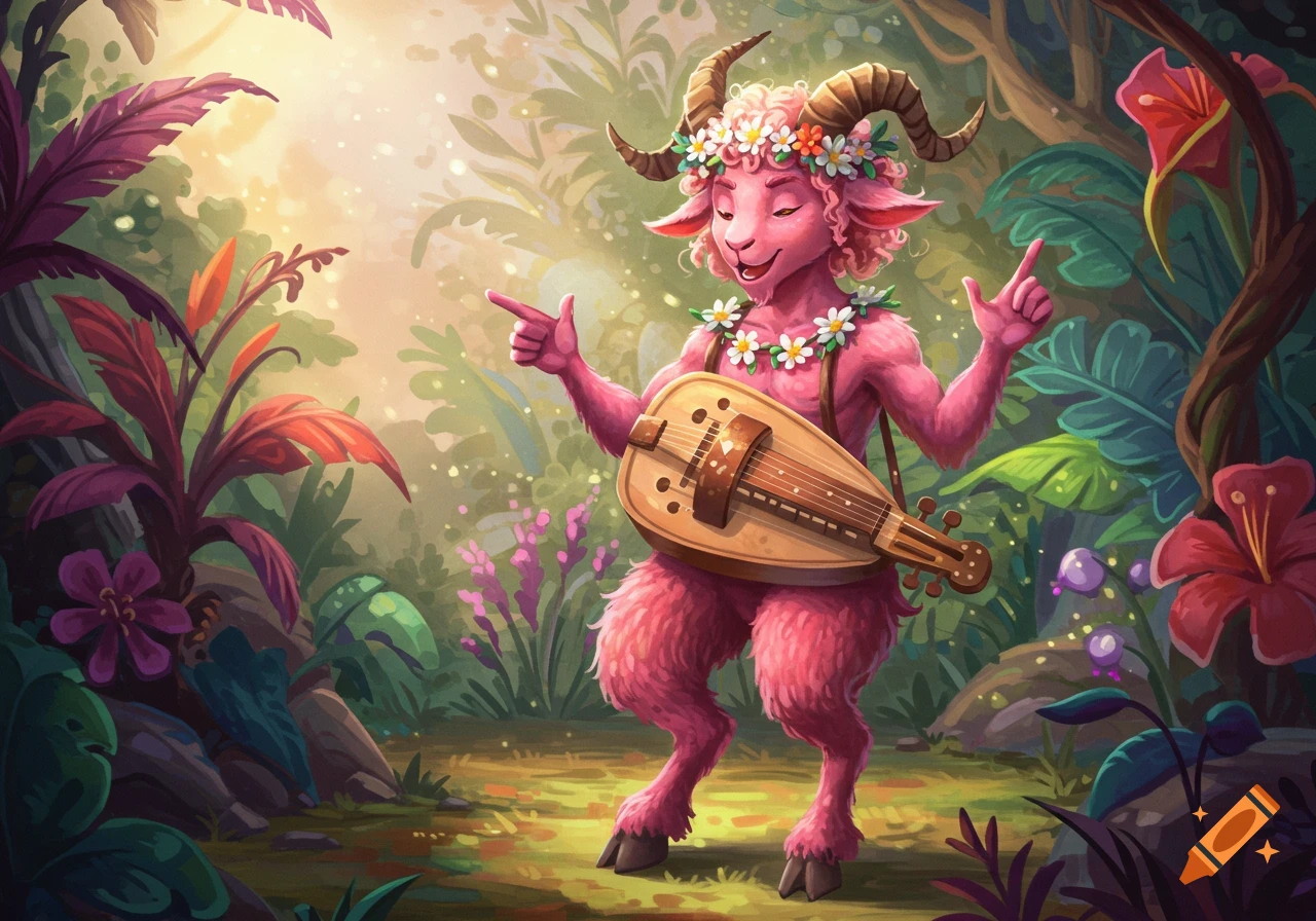 A pink satyr plays a hurdy gurdy in a lush, sunlit fantasy forest. on Craiyon