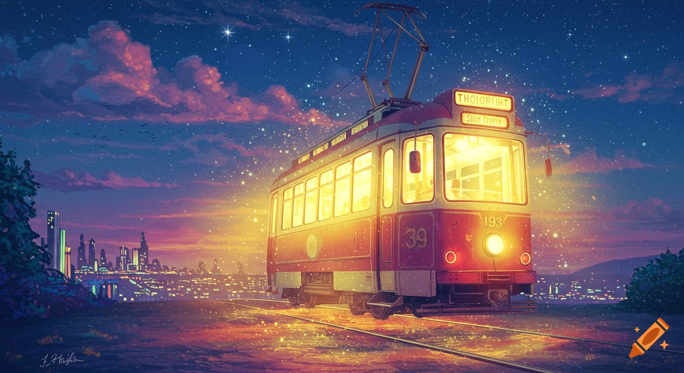 A glowing tram sits on tracks under a starry night sky with a distant ...