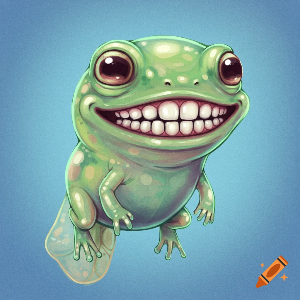 Cartoon tadpole with perfect human teeth smiling on Craiyon